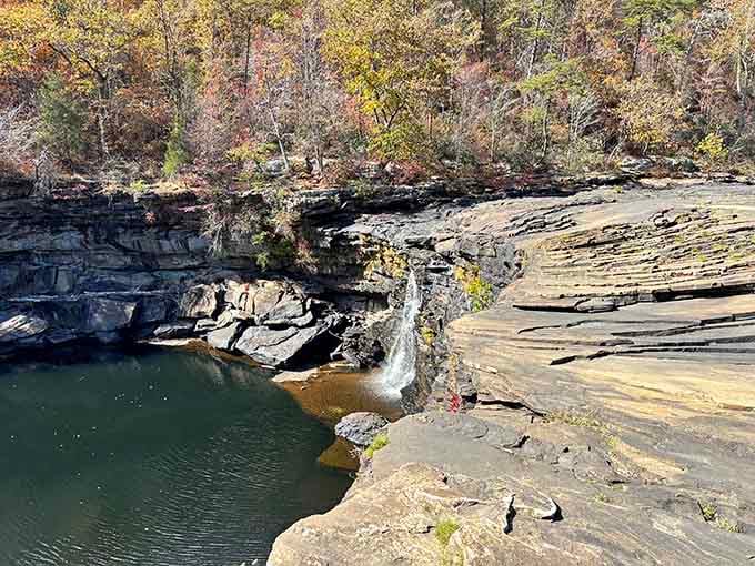 Water tumbling over layered sandstone into a dark, still pool. Nature's version of a perfect dramatic pause.