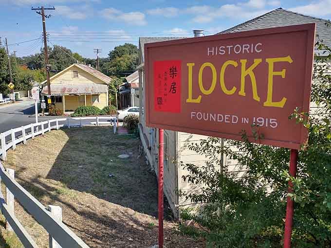 Historic Locke, founded in 1915, where the Chinese characters on the sign remind you who really built this town.