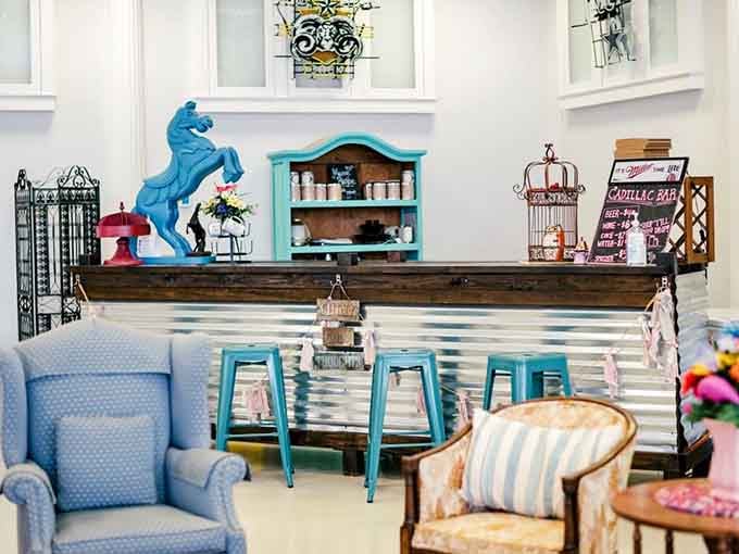 The Cadillac Bar area, complete with a bold blue rearing horse sculpture, is where the evening gets interesting.