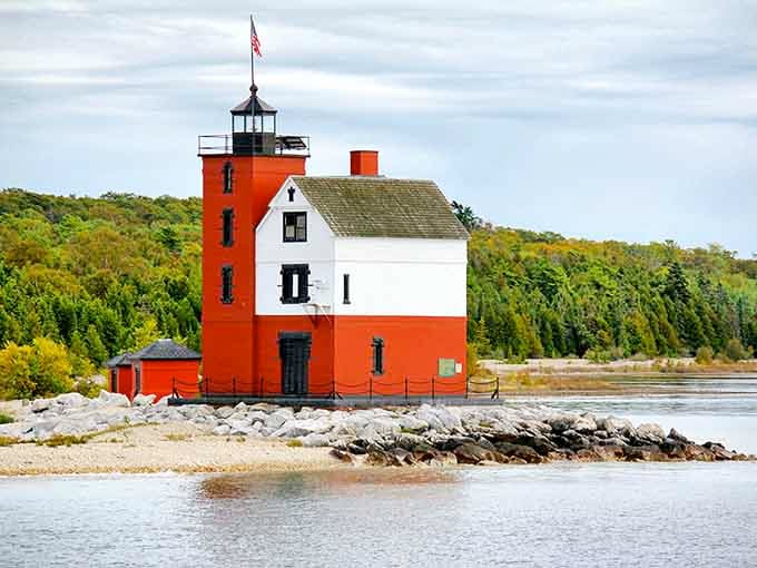 Round Island Lighthouse stands bold in red and white, the island's most photogenic neighbor by a wide margin.