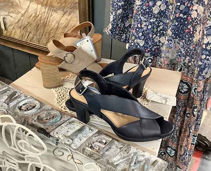 Vintage sandals displayed like little works of art, because good shoes never really go out of style.