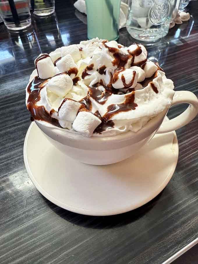 Hot chocolate topped with marshmallows and chocolate drizzle, because sometimes you need dessert disguised as a beverage.
