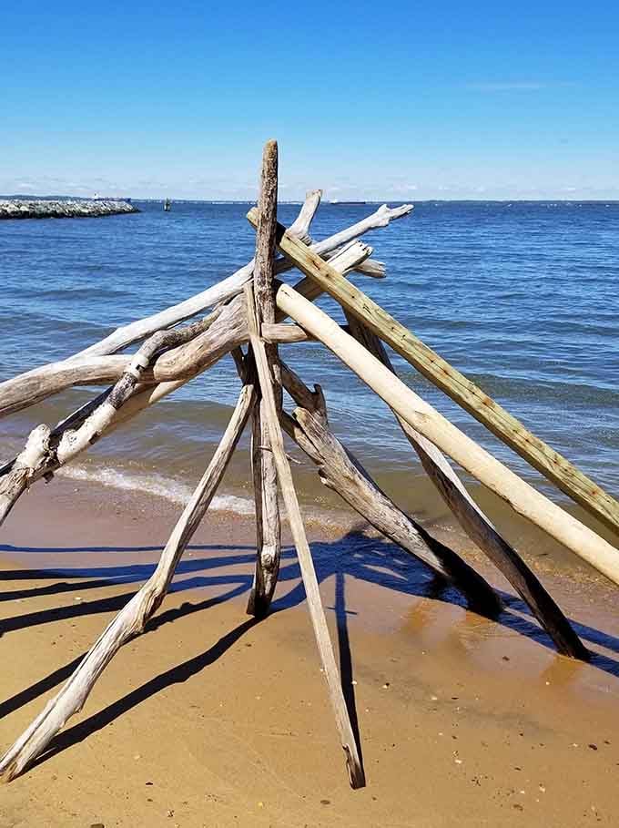 Someone built a driftwood teepee on the beach, and honestly, it's the most Maryland thing imaginable.