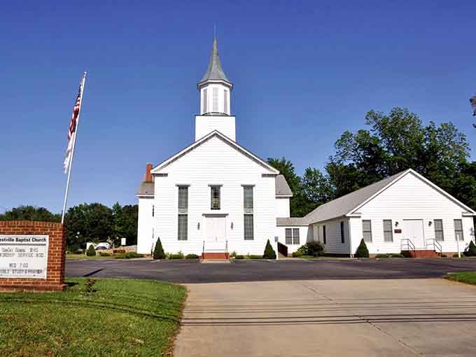 Westville Baptist Church: white clapboard, a proud steeple, and the kind of stillness that makes you lower your voice automatically.