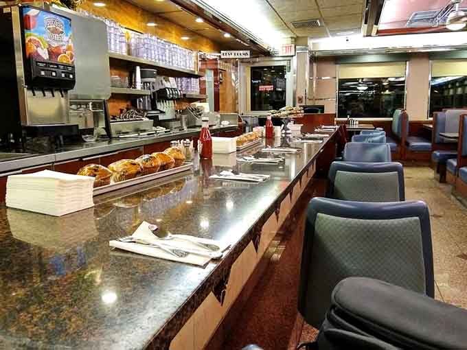 A gleaming counter lined with fresh pastries and silverware, this is where great diner mornings actually begin.