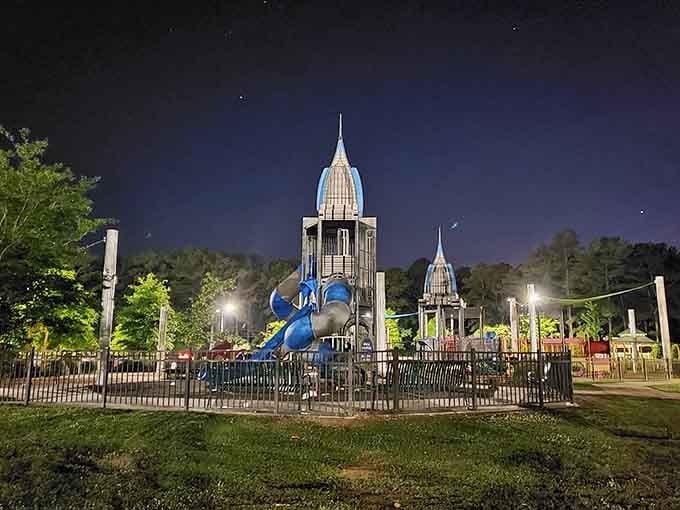 Medal of Honor Park's rocket-shaped playground proves Mobile takes its sense of wonder seriously, even after dark.