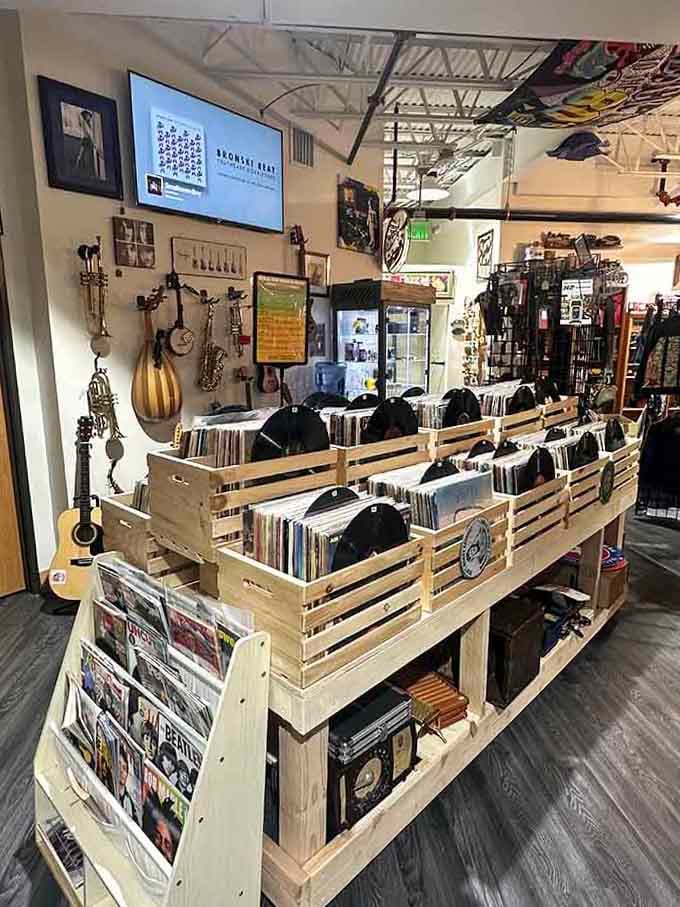 Crates of vinyl records waiting to be flipped through, because some music was always meant to be held in your hands.