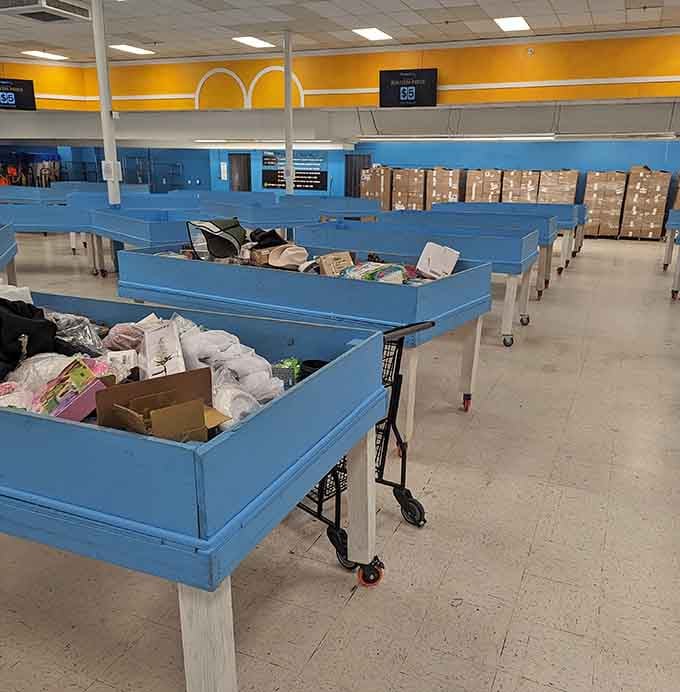 Blue bins sit ready and waiting, with stacked pallets of fresh merchandise visible in the background promising more to come.