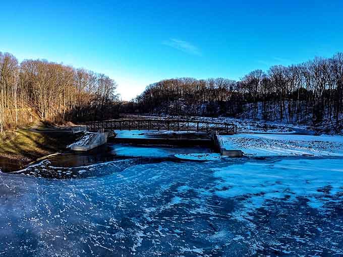 When the lake freezes over in winter, Mt. Gilead transforms into something straight out of a snow globe.