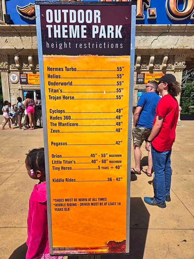 Height restrictions posted clearly, because Mt. Olympus believes in equal opportunity thrills for every inch of the family.