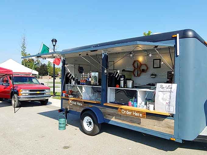 Mobile coffee stations ensuring you're properly caffeinated for the important decisions ahead, like heirloom versus beefsteak tomatoes.