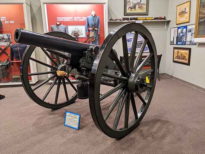 A Confederate artillery piece sitting quietly in the museum. Heavy, imposing, and impossible to walk past quickly.