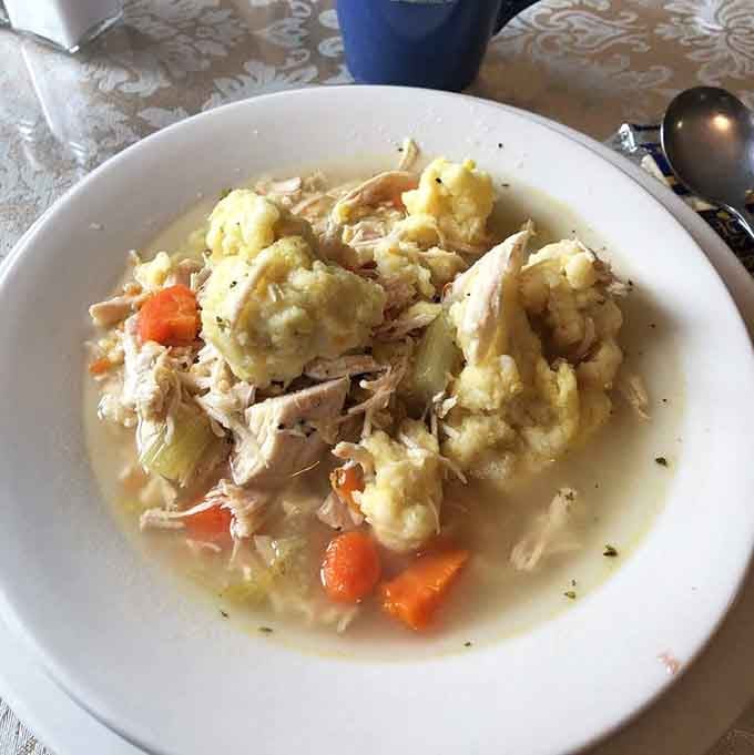 Chicken and dumpling soup that looks like something your grandmother made, except you don't have to do the dishes after.