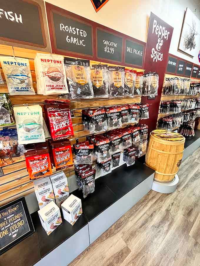 Roasted garlic, dill pickle, black pepper, fish jerky. This jerky shop is a snack lover's very serious rabbit hole.