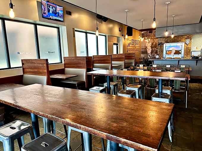 Clean lines, warm wood tables, and good lighting make this dining room genuinely comfortable for any occasion.
