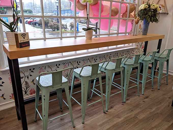 Window seats offer prime people-watching real estate while you demolish pastries without judgment from passersby outside.
