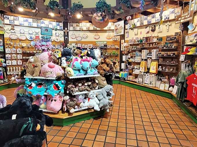 Stuffed animals stacked to the ceiling and shelves packed with souvenirs make this gift shop dangerously fun to browse.