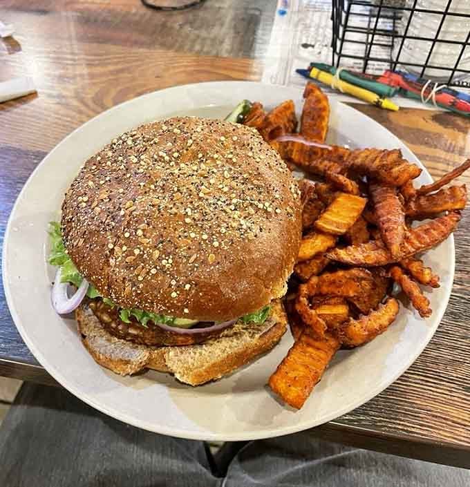 An Avocado Gardenburger with sweet potato fries that proves comfort food doesn't always need a side of guilt.