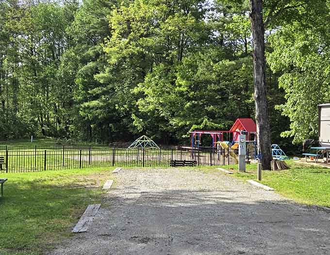 A proper playground tucked among the trees, kids won't be asking for screens anytime soon.