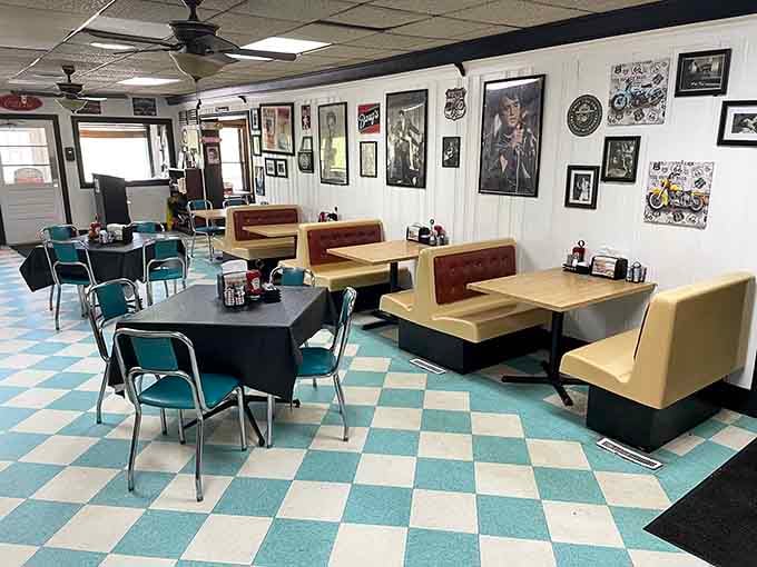 Classic booths, teal chairs, and walls covered in rock and roll history, this room has personality to spare.