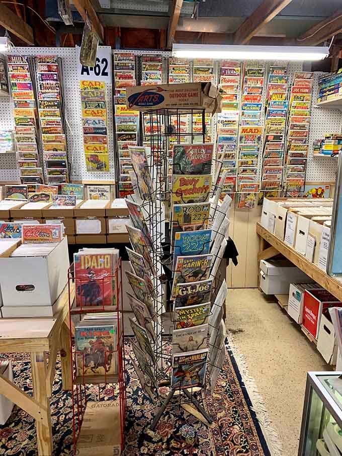 Walls of vintage comic books stretch from floor to ceiling, a childhood dream hiding in plain sight.