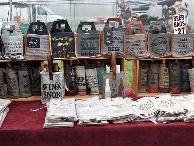 Canvas beer bags with cheeky sayings, proof that carrying your drinks can be a personality statement.