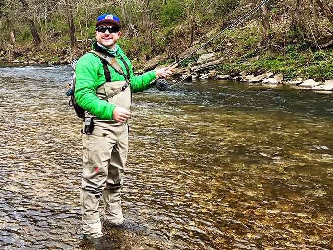 Waders on, rod in hand, river underfoot. This is what a genuinely good Saturday morning looks like in Missouri.