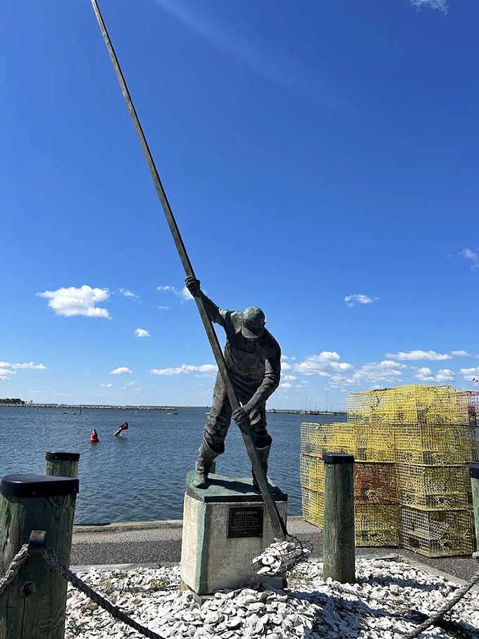 The Oysterman statue stands proud at the waterfront, surrounded by crab pots. A fitting tribute to Bay heritage.