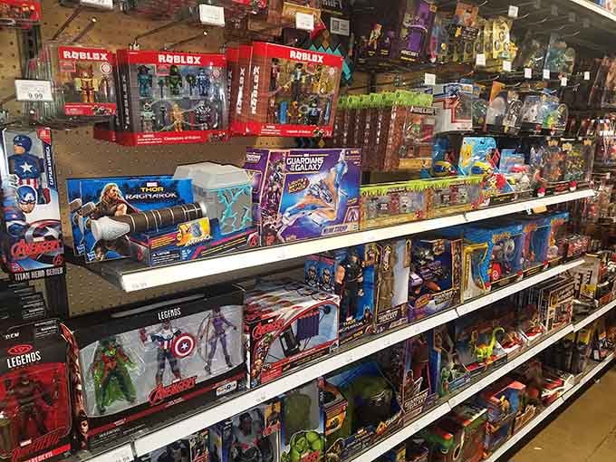 Action figures and collectibles crowd the shelves, turning childhood nostalgia into affordable reality for collectors of all ages.