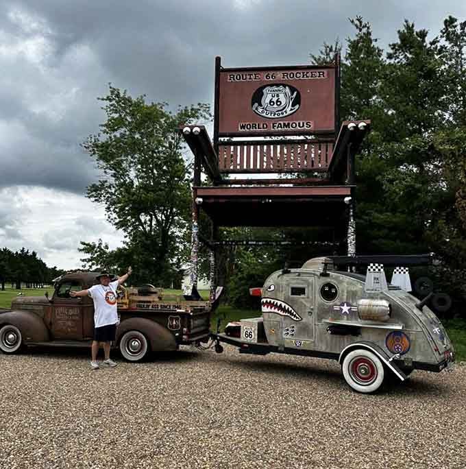 A vintage rat rod truck and its wild teardrop trailer park beneath the Rocker, proving this place attracts true characters.