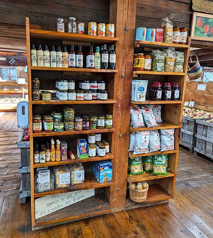 Shelves packed with sauces, jams, snacks, and pantry treasures that turn a quick stop into a very satisfying shopping adventure.