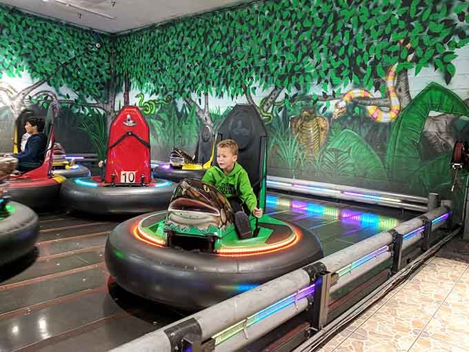 Bumper cars surrounded by jungle murals of cobras and crocodiles, which somehow makes the whole experience feel even more thrilling.