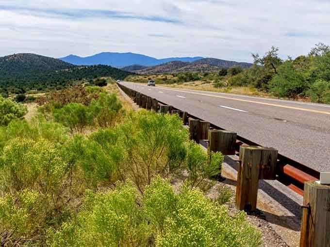 Guard rails guide you safely along this mountain passage where summer greenery softens the rugged terrain's dramatic edges.