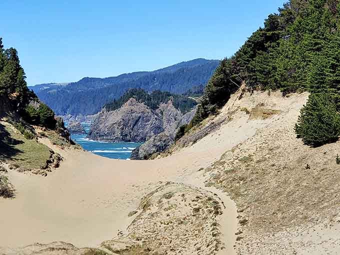 Sandy dunes meeting rugged cliffs and ocean blue, because Boardman apparently couldn't pick just one landscape and stuck with all of them.