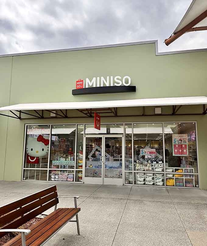 MINISO's cheerful storefront with Hello Kitty in the window. Affordable, fun, and impossible to walk past without smiling.