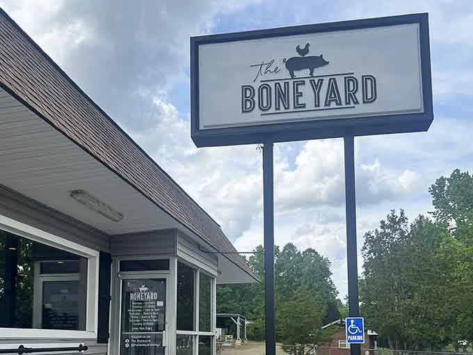 The Boneyard's sign says everything you need to know: pig, chicken, and zero apologies about it.