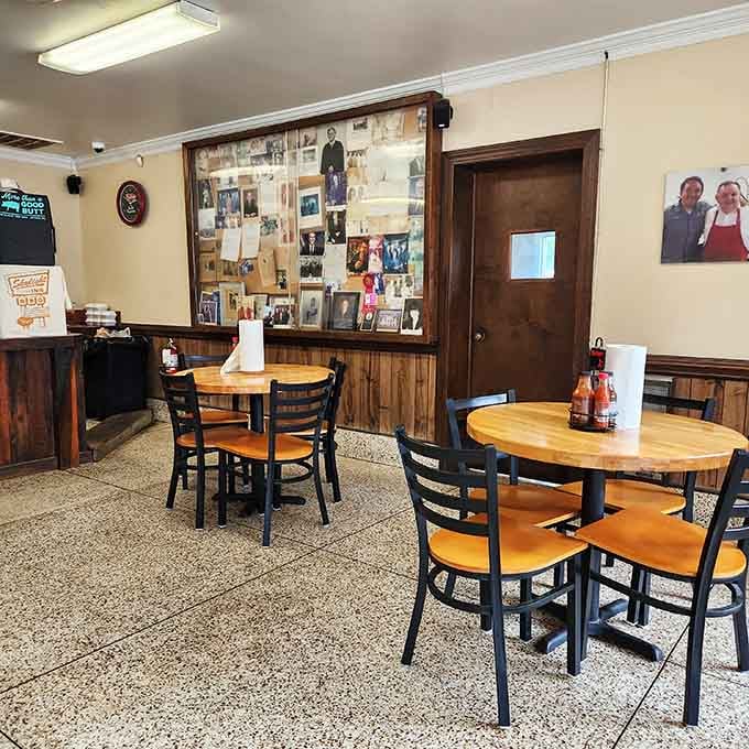 Photos, memories, and terrazzo floors &mdash; this corner of the dining room holds decades of Skylight Inn BBQ history.