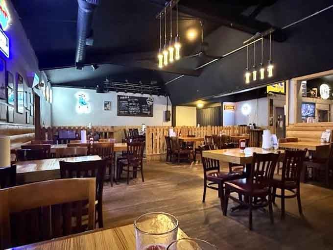 Pendant lights, wood paneling, and chalkboard specials, cozy enough to stay for one more round.