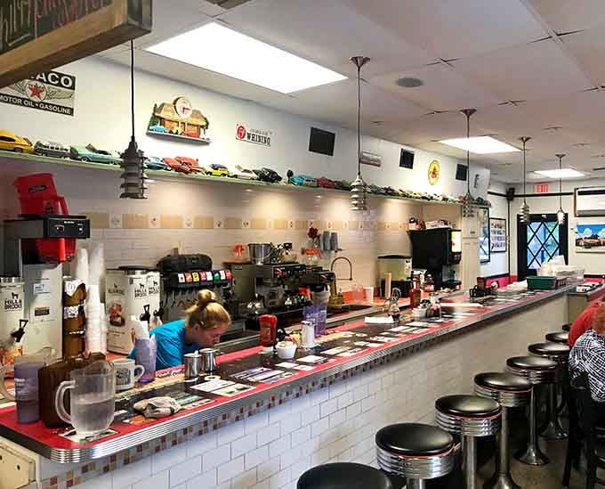 The long counter, the chrome stools, the toy cars lined up above. This diner counter has serious personality.