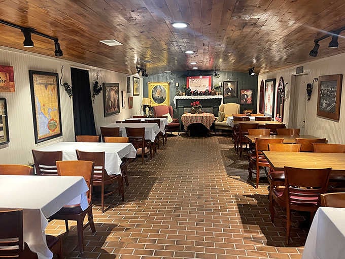 Clean white tablecloths and brick floors strike that perfect balance between casual comfort and special occasion dining.