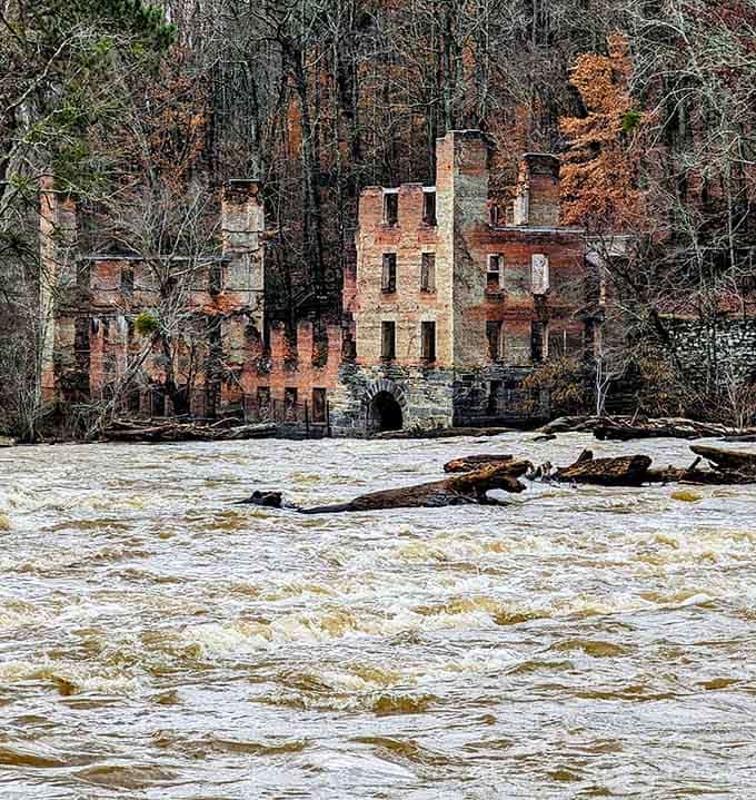 When Sweetwater Creek decides to show off, it really commits, churning past those ancient walls with serious attitude.