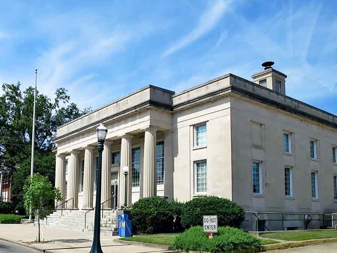 The post office building showcases classical architecture that makes mailing packages feel almost dignified and important.