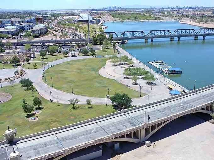 From above, Tempe Beach Park looks like someone drew the perfect city park and then actually built it.