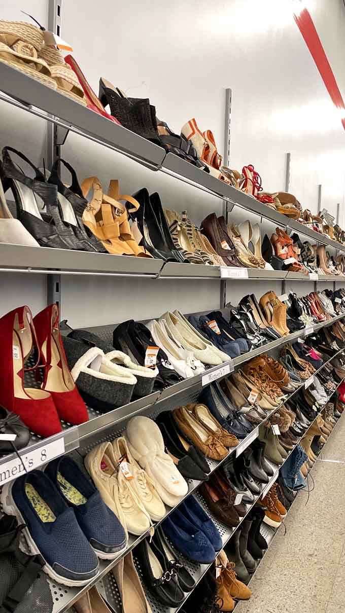 Heels, flats, sneakers, and boots, sorted by size and stacked with the kind of variety that makes shoe lovers very happy.