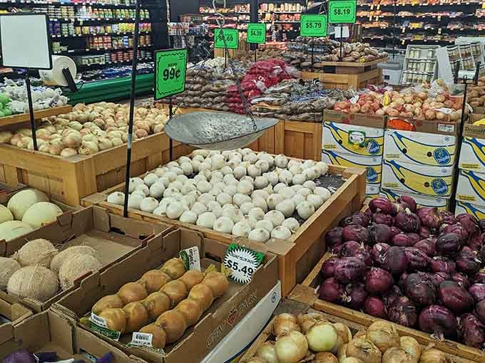 Fresh onions and produce piled into wooden bins. Nobody expects a full produce section at a beach gift shop. Nobody.