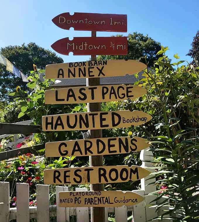 One signpost, eight destinations, zero wrong turns. The Book Barn campus has its own zip code energy.