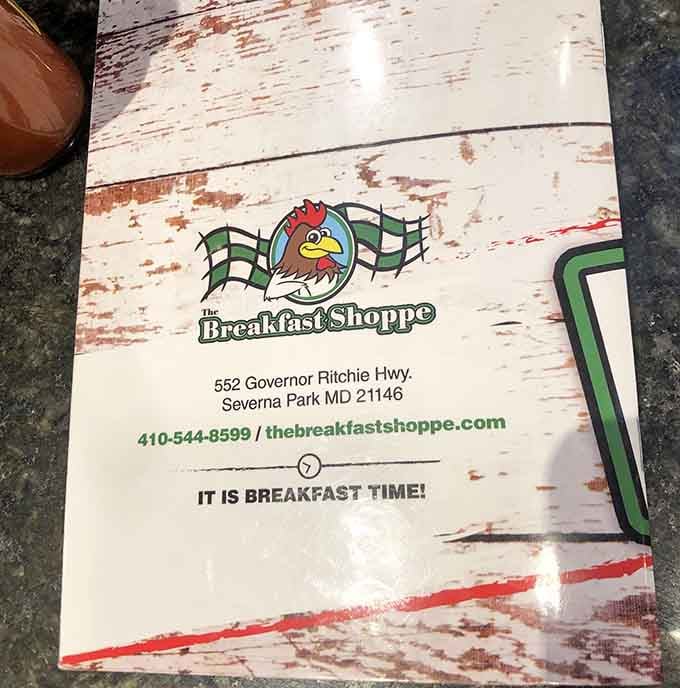 The rooster logo, the address, the tagline. "It Is Breakfast Time" is not a suggestion, it's a calling.
