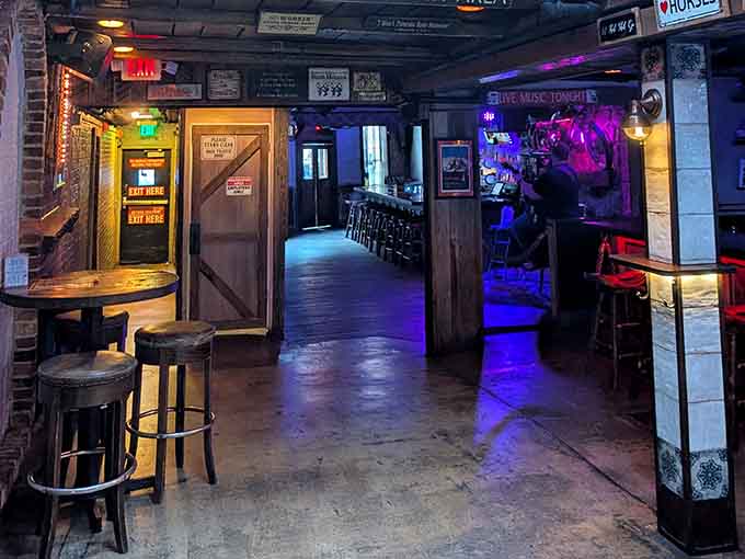 The worn wood and dim lighting create an atmosphere that's authentically aged, not artificially distressed.