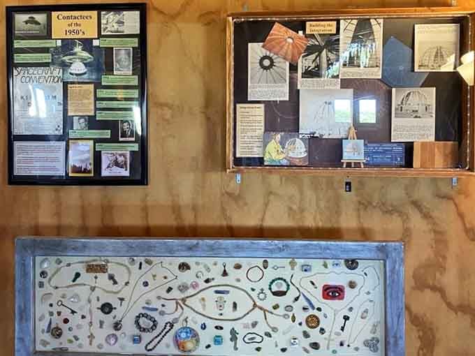 Display boards documenting spacecraft conventions and alien contactees from the 1950s, proof that the desert has always attracted the most interesting people.
