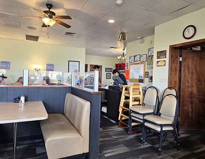 High chairs by the door, booths ready to go. This place has been welcoming every kind of family for decades.
